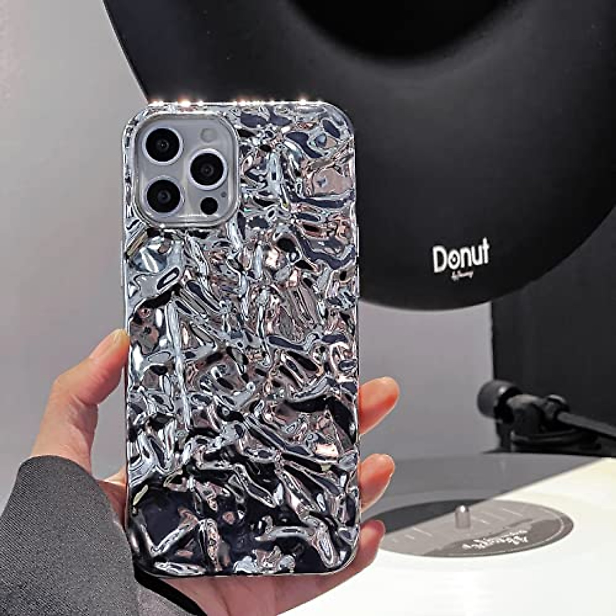 Shinymore iPhone 13 Pro Max Glitter Case, Fashion Bling Glitter Silver Cute Soft Silicone Tin Foil 3D Pleats Women Girls Shockproof Soft Case Cover for iPhone 13 Pro Max