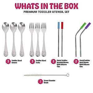 15 Pieces Toddler Kids Utensils Kids Silverware Set Stainless Steel, Safe Baby Utensils 3 Toddler Forks 3 Toddler Spoons 4 Reusable Metal Straws 4 Silicone Tips and Brush, Kid Utensils Flatware