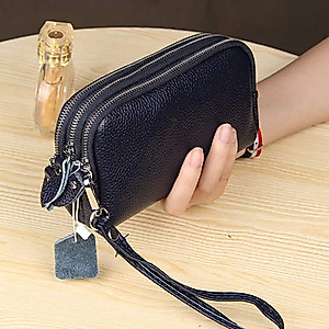 NIGEDU Women Long Wallet Genuine Leather 3-Layer Zipper Purse Bag Phone Bag Money Purses Clutch Wallets with Wrist Strap (Black)