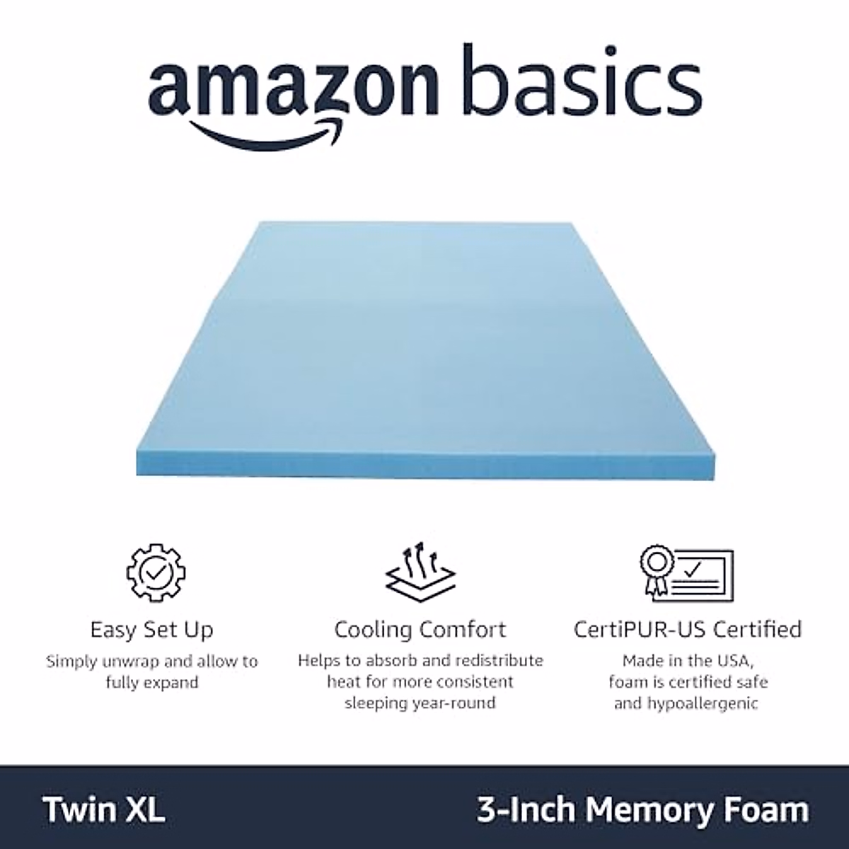 Amazon Basics Twin XL Mattress Topper, Cooling Gel-Infused, CertiPUR-US Certified, 3 Inches, Blue