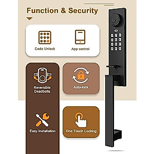 Tinewa Smart Entry Door Lock Set, Electronic Full Escutcheon Door Handle, Digital Keypad Deadbolt with App, Heavy Duty Black Front Door Handle with Single Cylinder Deadbolt, Auto Locking