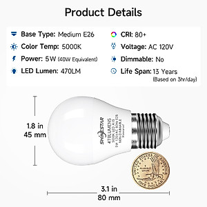 SHINESTAR 2-Pack Refrigerator Light Bulb, 5 Watt (40W Equivalent), Waterproof A15 LED Bulb, Non-dimmable Appliance Bulbs with E26 Base, 5000K Daylight