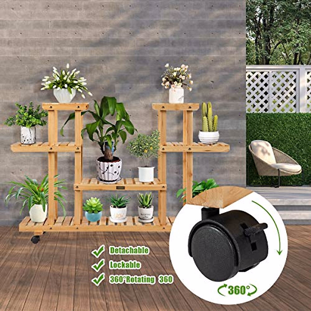 Happygrill Plant Stand Flower Display Rack Wooden Plant Shelves Bonsai Display Shelf with Wheels