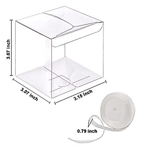 45 Pack Clear Favor Boxes 3x3x3 Inches with Ribbons, Clear Plastic Cube Candy Boxes Party Favor Treat Boxes for Birthday Wedding Baby Shower Party Decorations