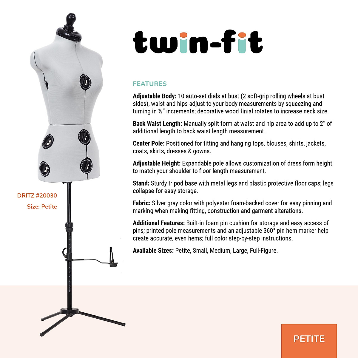 Dritz Twin-Fit Dress Form with Adjustable Tri-Pod Stand, Petite