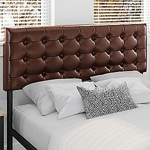 Yaheetech Queen Size Bed Frame, Metal Platform Bed with Faux Leather Height-Adjustable Headboard/12 Inch Underbed Storage/Noise Free/No Box Spring Needed/Industrial Pipe Foot End, Elegant Brown