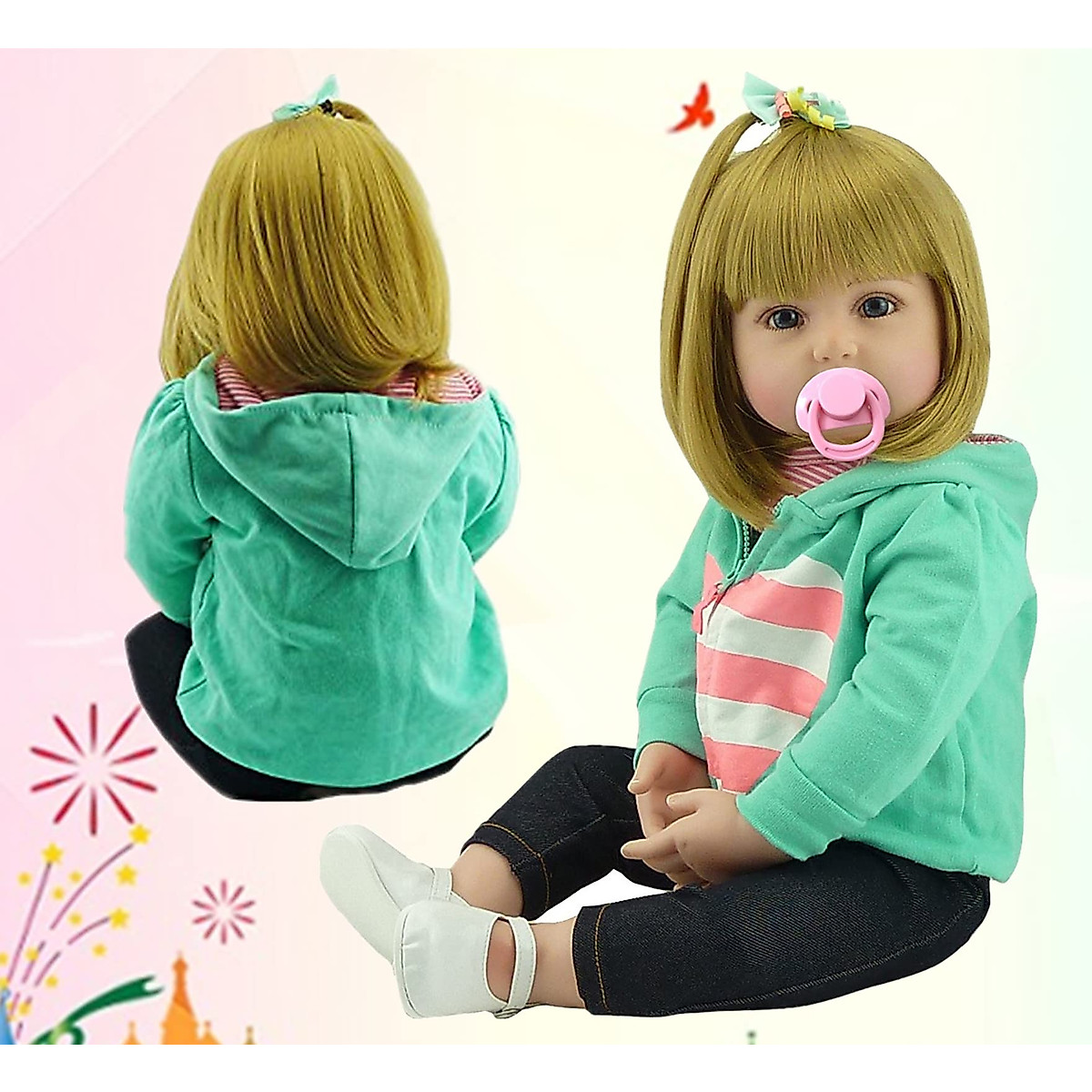 Pedolltree Lovely Handmade Soft Silicone Reborn Toddler Girl Dolls Golden Hair 24 Inch 60cm Realistic Looking Newborn Vinyl Dolls Toddler Toy for Kid Xmas Gift