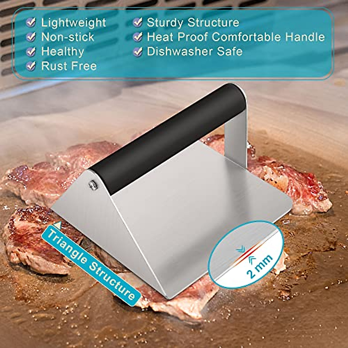 Leonyo Square 6.2 Inch Melting Dome Set of 2 & 5.5 Inch Burger Press, Heavy Duty Griddle Grill Steam Dome Lid (2 Pack), Stainless Steel Smash Bacon Grill Press for Burger Patty Cast Iron Flat Top BBQ