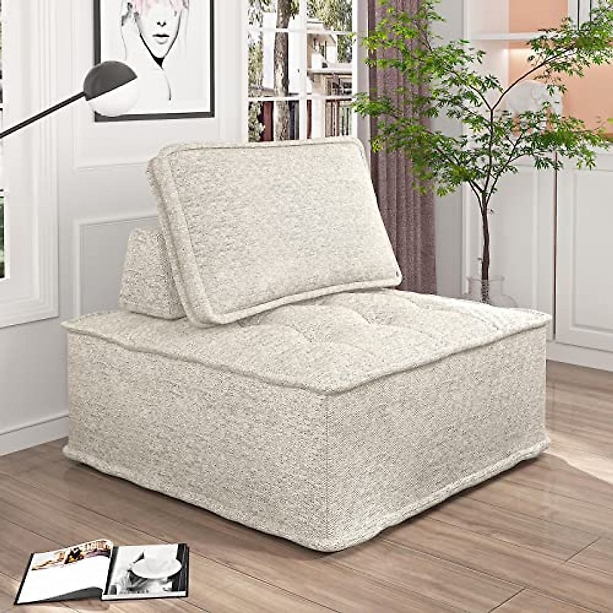 Mjkone Modular Sofa Single Free Combination Armless Floor Sofa Chair Comfy Floor Couch with Removable Back Cushion Variable Sectional Sofa Couches for Living Room Apartment Office Small Space, Beige