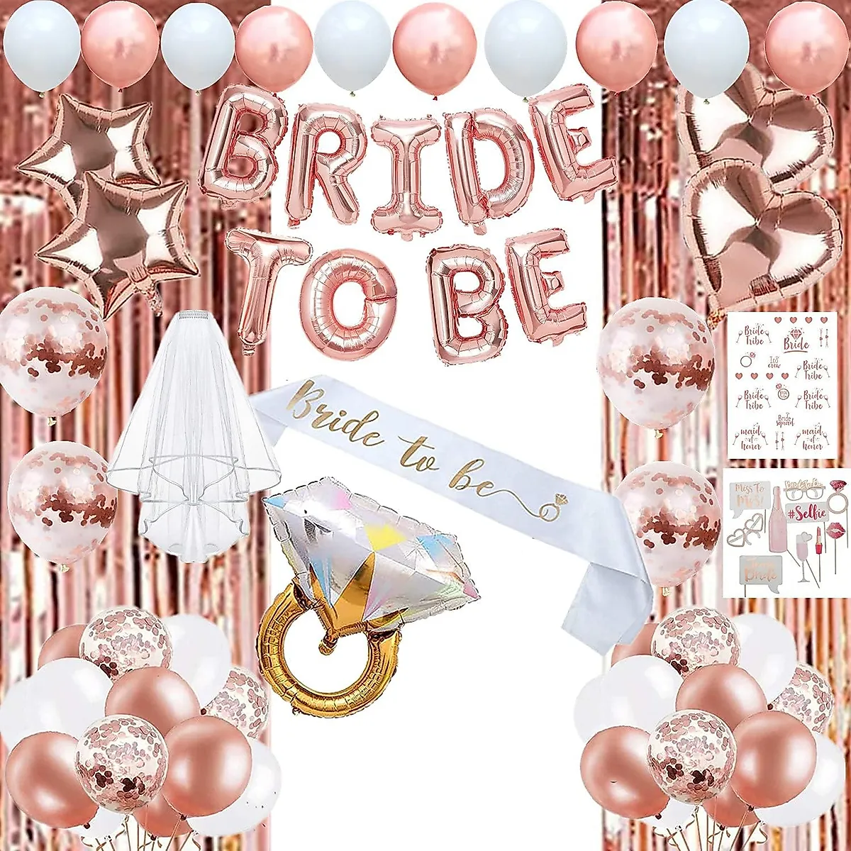 EFAILY Bachelorette Party Decorations - Rose Gold Bridal Shower Party Decor and Supplies Kit Bride To Be Sash, Veil, Temporary Tattoos, Confetti Balloons Pack Fringe Curtain.