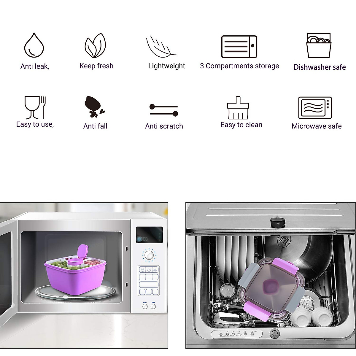 Freshmage Salad Lunch Container To Go, 52-oz Salad Bowls with 3 Compartments, Salad Dressings Container for Salad Toppings, Snacks, Men, Women (Purple)