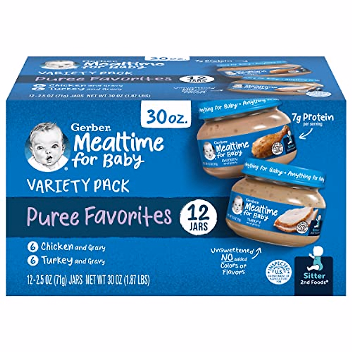 Gerber Baby Foods 2nd Foods Meat Variety Pack, Chicken & Turkey, Mealtime for Baby, 2.5 Ounce Jar (Pack of 12)