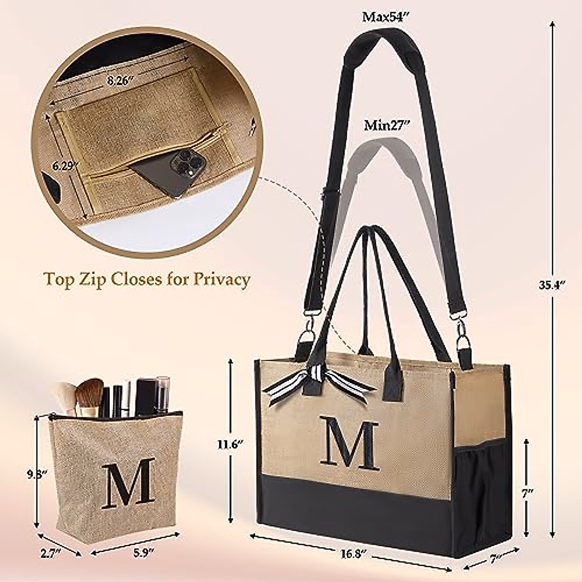 TRSODD Christmas Gifts for Women, Gifts for Women, Gifts for Mom, Mom Gifts, Christmas Gifts for Mom, Ju-te Straw Tote Bag with Shoulder Strap and Makeup Bag S