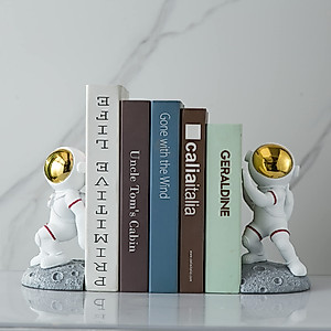 Banllis Space Theme Bookends for Shelves, Astronaut Moon Book Ends for Kids Room, Decorative Planet Book Stoppers to Hold Books Heavy Duty, Unique Boys and Girls Gift (Gray)