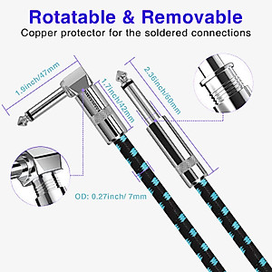 BARDESTU Guitar Patch Cables, 2 Pack 6 inch 1/4 Right Angle Plugs Pedal Short Effect Cable Low Noise Guitar Pedalboard Patch Cords with 4 Picks for Instrument Effects and Pedal Boards