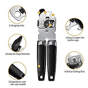 Can Opener Manual, 3-IN-1 Multifunctional Bottle opener, Heavy Duty Stainless Steel Can Opener with Ultra Sharp Blade, Can Opener with Big Easy Turn Knob, Firm-Grip Comfortable Handles, Black