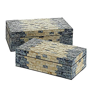 Deco 79 Mother of Pearl Handmade Box with Hinged Lid, Set of 2 14", 12"W, Blue