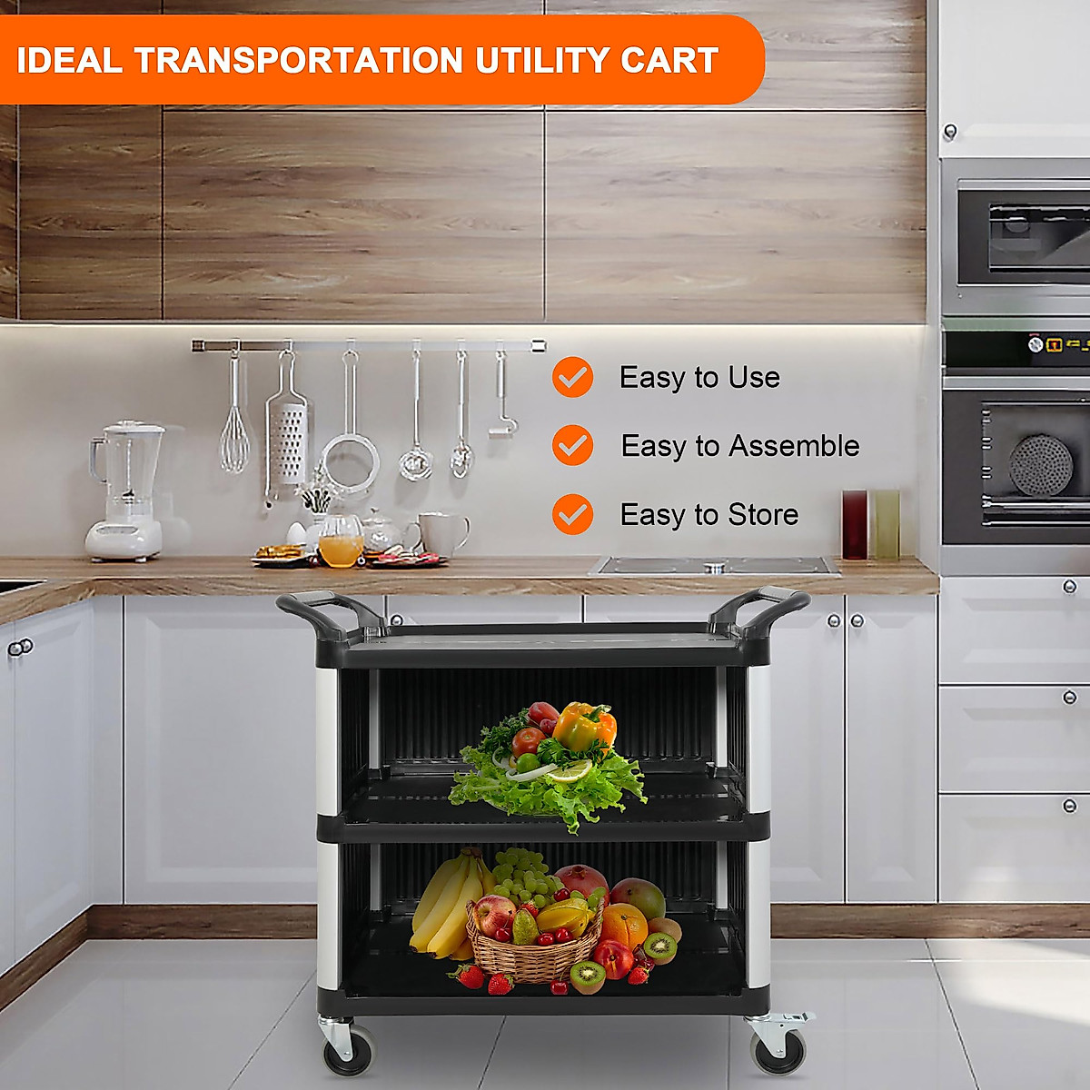Rolling Utility Cart with Storage Cabinet and Lockable Wheels - Heavy Duty 3-Tier Service Carts for Kitchen, Office, Garage, and Restaurant – Black
