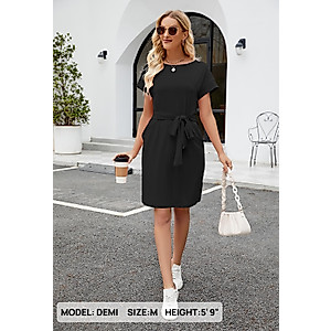 MEROKEETY Women's Summer Striped Short Sleeve T Shirt Dress Casual Tie Waist Midi Dress, SolidBlack, M