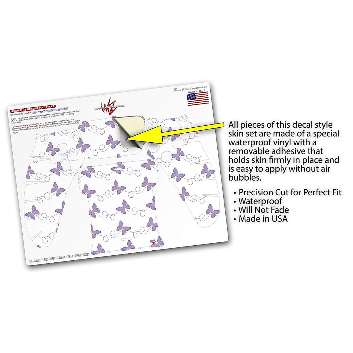 WraptorSkinz Skin Wrap compatible with Sony PS5 DualSense Controller Pastel Butterflies Purple on White (CONTROLLER NOT INCLUDED)