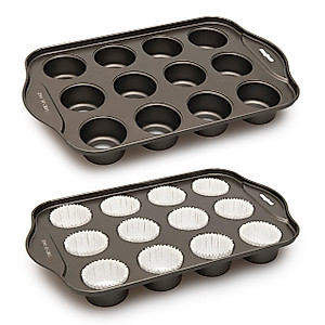 MAGENTA SPIRIT Mini Cheesecake pan - 12 Cavity Mini Muffin Pan with Removable Bottoms - Complete with Cupcake Liners and Plastic Bowl Scraper