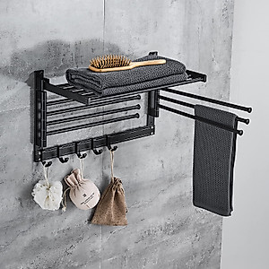 Towel Rack with 7 Towel Bar Holder Foldable Towel Shelf with Movable Hooks Wall Mounted Lavatory Towel Organizer Space Saving Towel Holder Black