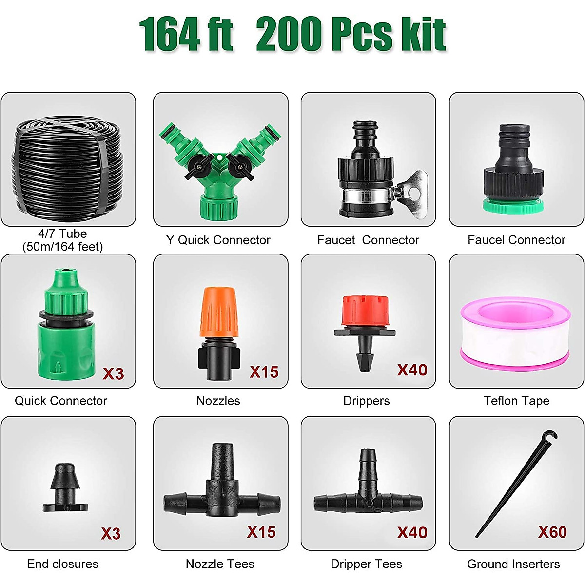 Drip Irrigation Kit,164FT 200 Pcs Garden Irrigation System 1/4" Blank Distribution Tubing Watering Drip Kit Automatic Irrigation Equipment for Garden Greenhouse, Flower Bed,Patio,Lawn (Green)