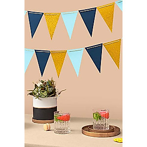 10 Feet Paper Pennant Party Decorations, Triangle Flags Bunting, Paper Triangle Garland for Wedding Decor, Nursery Wall Decor, Baby Shower, Bridal Shower (Gold Glitter, Aqua Blue, Navy Blue) 18PCS