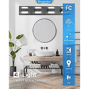 Ensenior Bathroom Light Fixtures, Dimmable LED Vanity Lights Over Mirror, CRI 90, 5000K Daylight, Acrylic Stainless Steel, 4 Lights for Modern Vanity Lighting Fixture, 29W 2230LM - Black
