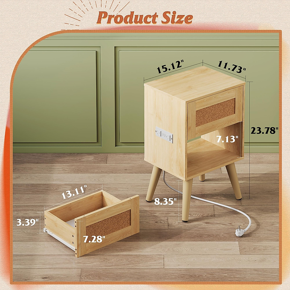 WLIVE Rattan Nightstand with Charging Station, Boho Night Stand, Small Bedroom Side Table, End Table with Drawer and Storage, Wood Bedside Table for Bedroom, Small Spaces, Natural Oak