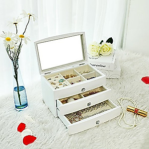 SONGMICS Jewelry Box, 3-Tier Wooden Jewelry Case, Jewelry Organizer with Large Mirror, for Rings, Necklaces, Earrings, Bracelets, White UJOW03W