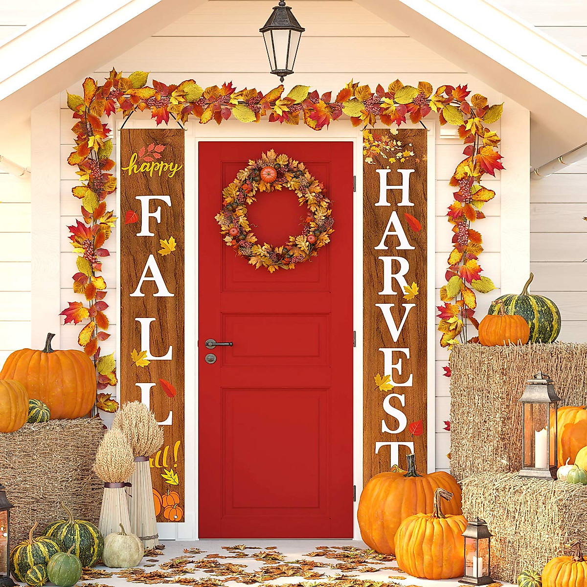 Whaline Fall Harvest Hanging Banner, Fall Porch Sign Autumn Pumpkin Maple Leaf Backdrop Flag for Home Yard Indoor Outdoor Wall Door Thanksgiving Party Decorations, 12 x 72 Inch