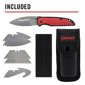 COAST SHIFT, EDC Replaceable Blade Folding Knife, Liner Lock, Double Lock, Pocket Clip, Thumb Studs for Everyday Carry, Sheath Included, Red/Black, for Hunting, Fishing, Camping, Outdoor Use