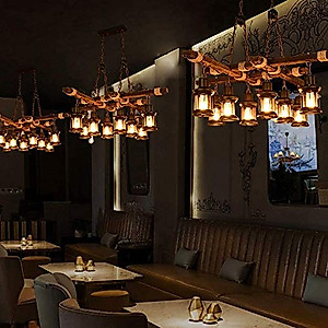 8 Lights Industrial Wooden Hanging Lighting Black Metal Chandelier Farmhouse Vintage Pendant Lamp Glass Lampshade for Pool Table Kitchen Island Bar Retro Ceiling Light Height Adjustable Fixture