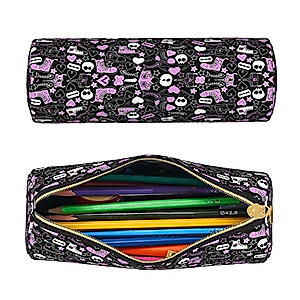 TumzfhQ Pencil Pouch Small Pen Case Pencil Bag Cylinder Leather Organizer Zipper Multi Function for Teen Girls Kids Office Women Skull Love