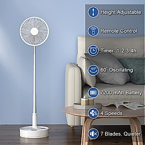EZYDAYYI Battery Operated Floor Standing Fan Foldable Oscillating Desk Fan for Bedroom, Rechargeable 7200 mAh 8 inch Portable Small Room Fan Camping Travel Cooling Fan with Remote, Timer and 4 Speeds