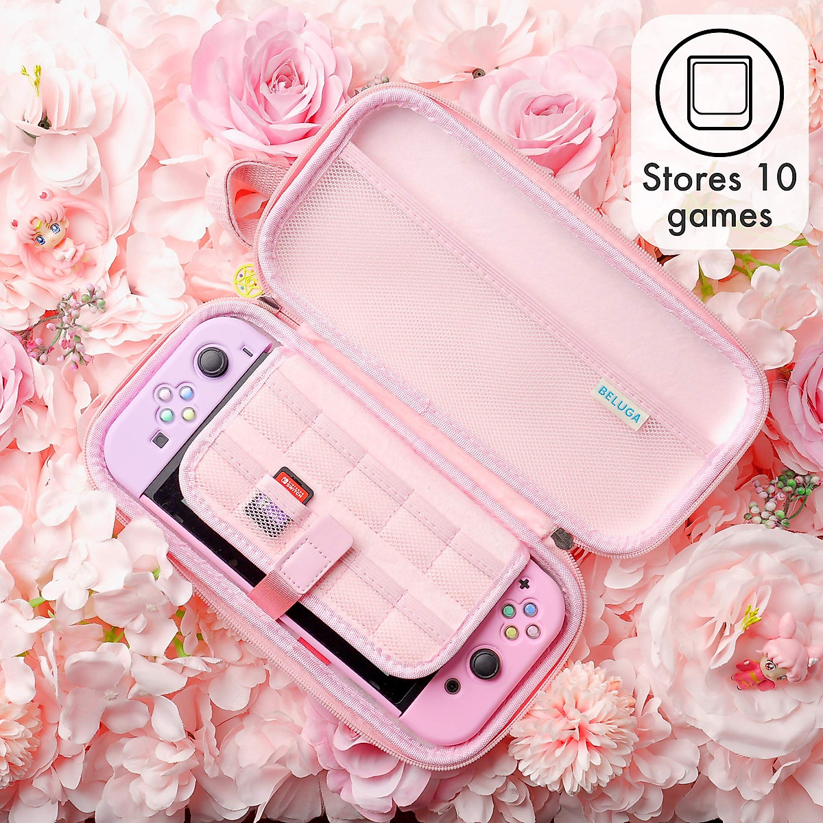 BelugaDesign Moon Switch Carrying Case | Pastel Hard Travel Shell Compatible with Nintendo Switch Standard Lite OLED | Cute Moon Silhouette Heart Magic Bow Design (Pink)