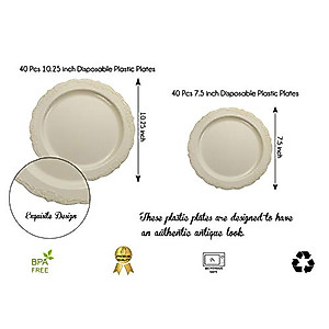 80 Pcs Cream Plastic Party Plates Set - 40 Large 10.25 in Dinner Plates - 40 Small 7.5 in. Salad/Dessert Plates - Heavy Duty Disposable China - Fancy Caterers Victorian Design - Bpa Free (Cream)
