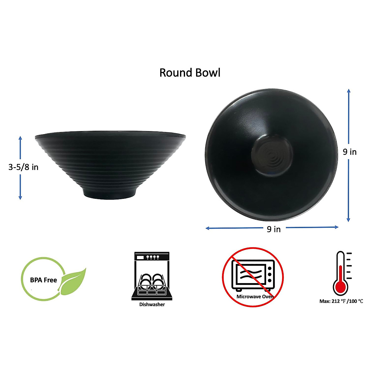 Z-Moments Melamine Round Bowls Japanese Ramen Vietnam Pho Noodles Soup Rice Bowls Set, Black, 5.5", 7", 8", 9", Black #LJB (24, 9" (44 oz))