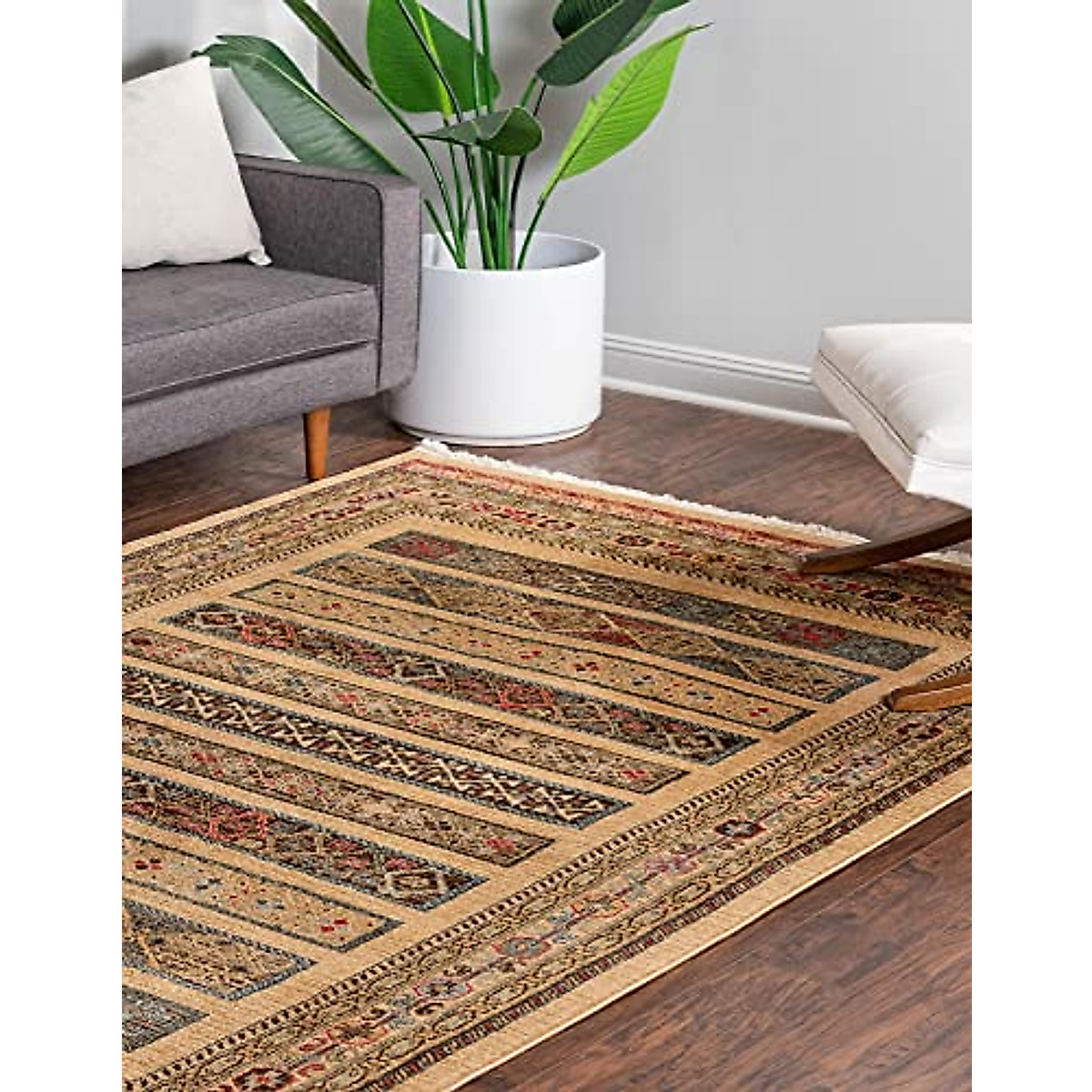Unique Loom Fars Collection Modern Classic Tribal Inspired Design with Border Area Rug, Rectangular 9' 0" x 12' 0", Tan/Light Blue