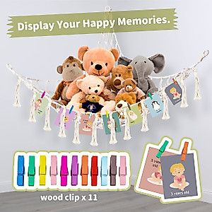 UNKENBO Stuffed Animal Storage Hammock - Macrame Toy Hammock with Photo Clips, Star String Lights, Space Saving Hanging Corner Stuffed Animal Net or Hammock, Boho Kids Bedroom Decor (Cream)