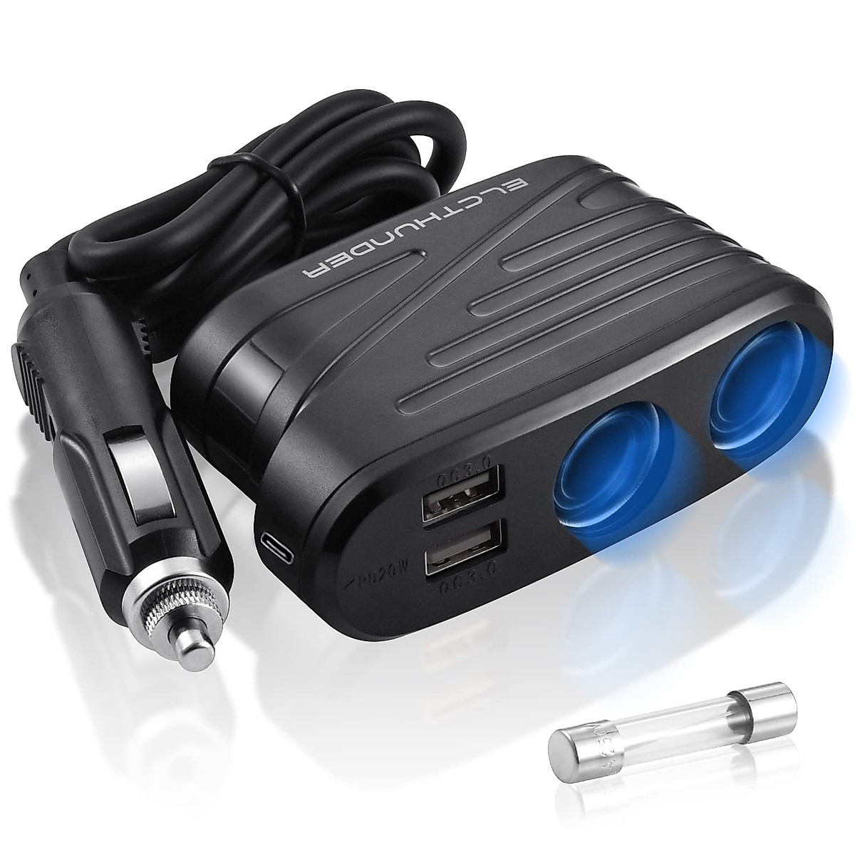 ELCTHUNDER Quick Charge 3.0 Cigarette Lighter Splitter, 2-Socket Car Charger with 27 Inches Extension Cable, 120W 12V/24V Car Charge Splitter with PD 20W Type-C Port for Phone GPS Dashcam