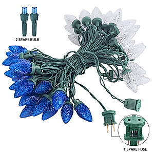 Brightown C9 LED Christmas String Lights, 33ft 50 LED Waterproof Strawberry String Lights, Extendable Green Wire Lights String for Outdoor Indoor Patio Party Decoration, Blue and White