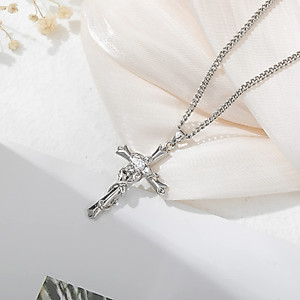 Lourny Silver Cross Necklace for Women, Cross Pendant Necklace with Cubic Zirconia for Mother Dainty Gift (Daffodils)