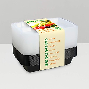 Enther Meal Prep Containers with Lids 20 Pack 3 Compartment Food Storage Bento Lunch Box BPA Free, Reusable, Microwave/Dishwasher/Freezer Safe, 24oz Black Small