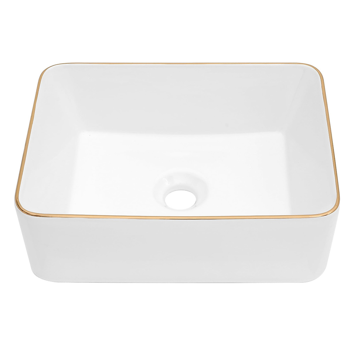 Dcolora Vessel Sink Rectangular 16"x12" White Vessel Sink with Gold Rim Ceramic Porcelain Rectangle Bathroom Sink Above Counter Vanity Sink Basin