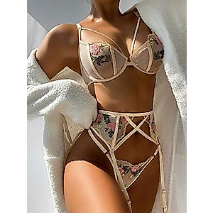 Women's Floral Embroidered Garter Stockings Sexy Lingerie Set with Garter Belts Strap Bra and Panty Lingerie Set White 3X-Large