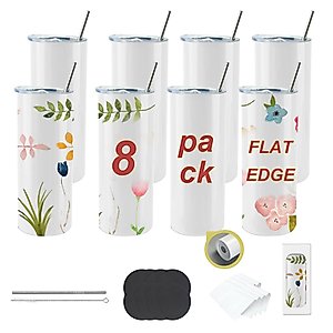 CWRIEB 8pack 20oz flat edge sublimation tumblers ，White skinny insulated Sublimation tumbler Straight Cups with Individual Gift Box, Silicone Bottom Polymer Coating for Heat Transfer （8pack 20oz）