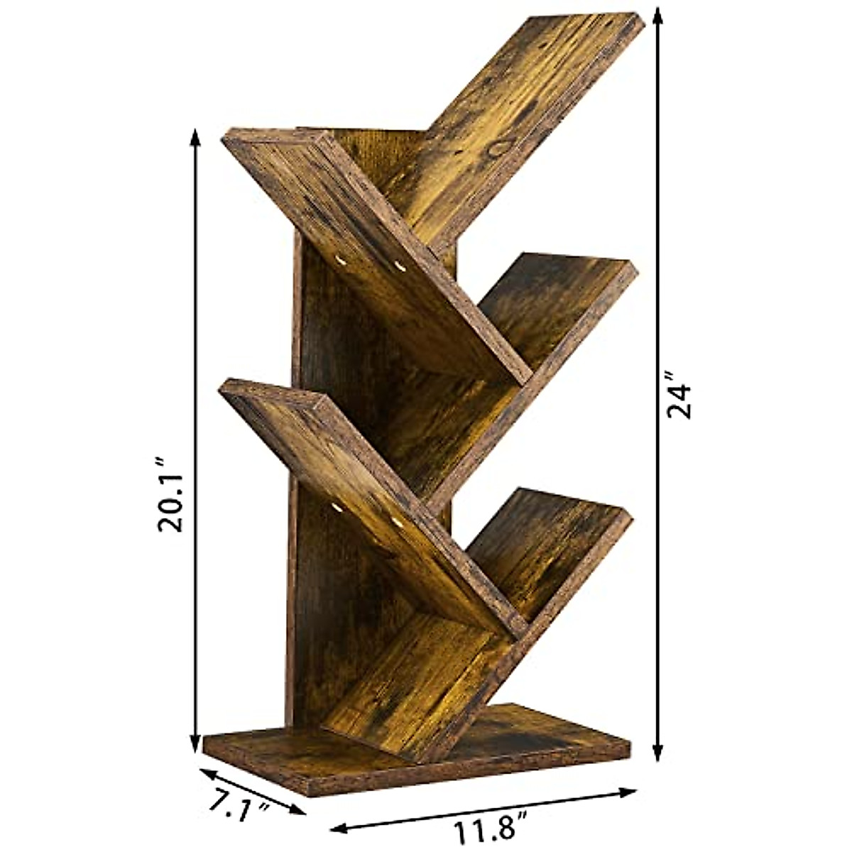 Hoctieon 4 Tier Tree Bookshelf, 4 Shelf Bookcase, Modern Book Storage, Free Standing Tree Bookcase, Utility Organizer Shelves for Home Office, Living Room, Bedroom, Rustic Brown