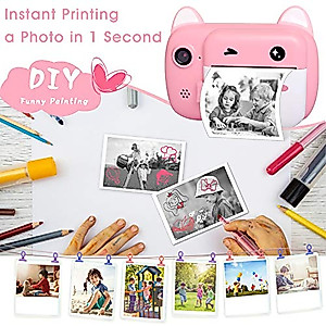 Instant Print Camera for Kids, Upgrade Selfie Kids Camera, Digital Zero Ink Video Camera with 3 Rolls Print Paper Camera, 1000 mAh, Dual Lens,1080P HD Video Recorder for Girls and Boys Gifts (Pink)